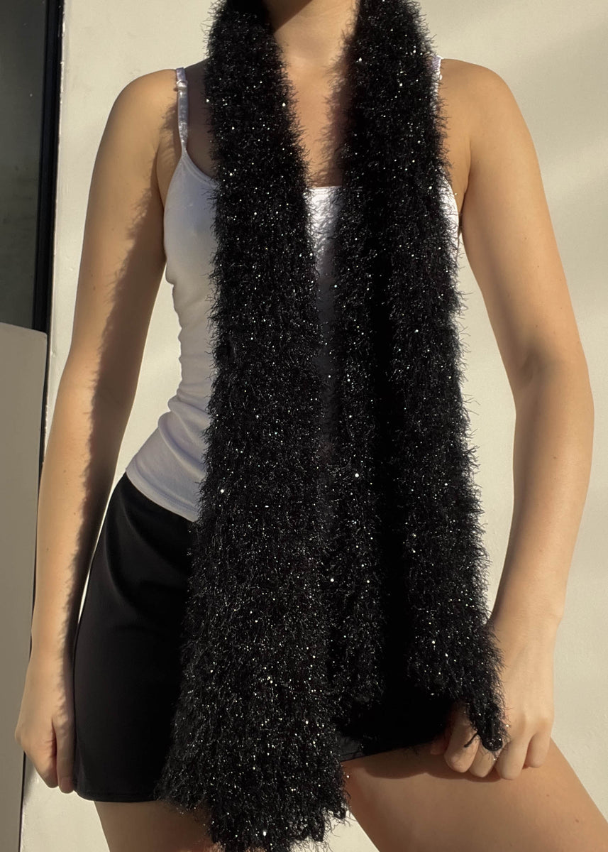 Y2k Sparkly Black Fuzzy Scarf – Retro and Groovy