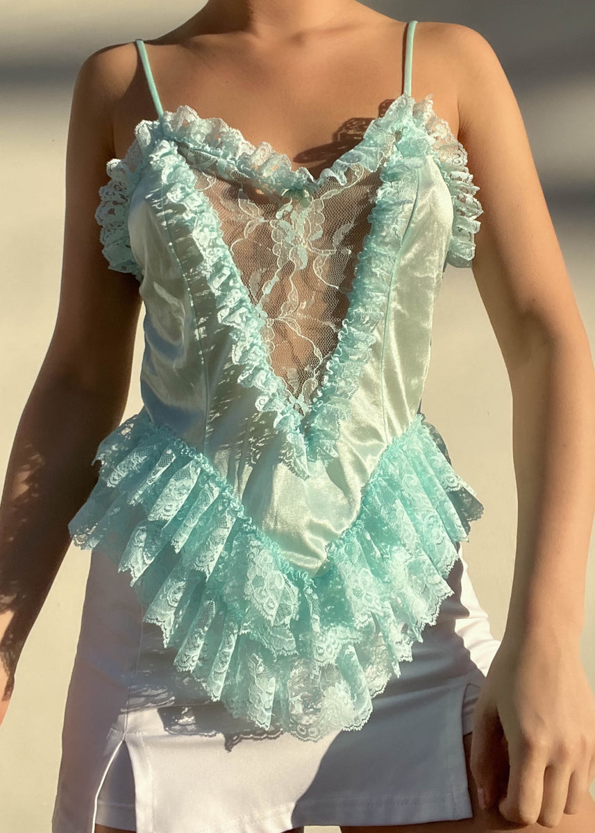 80's Pastel Blue Ruffle Lace Top (S) – Retro and Groovy