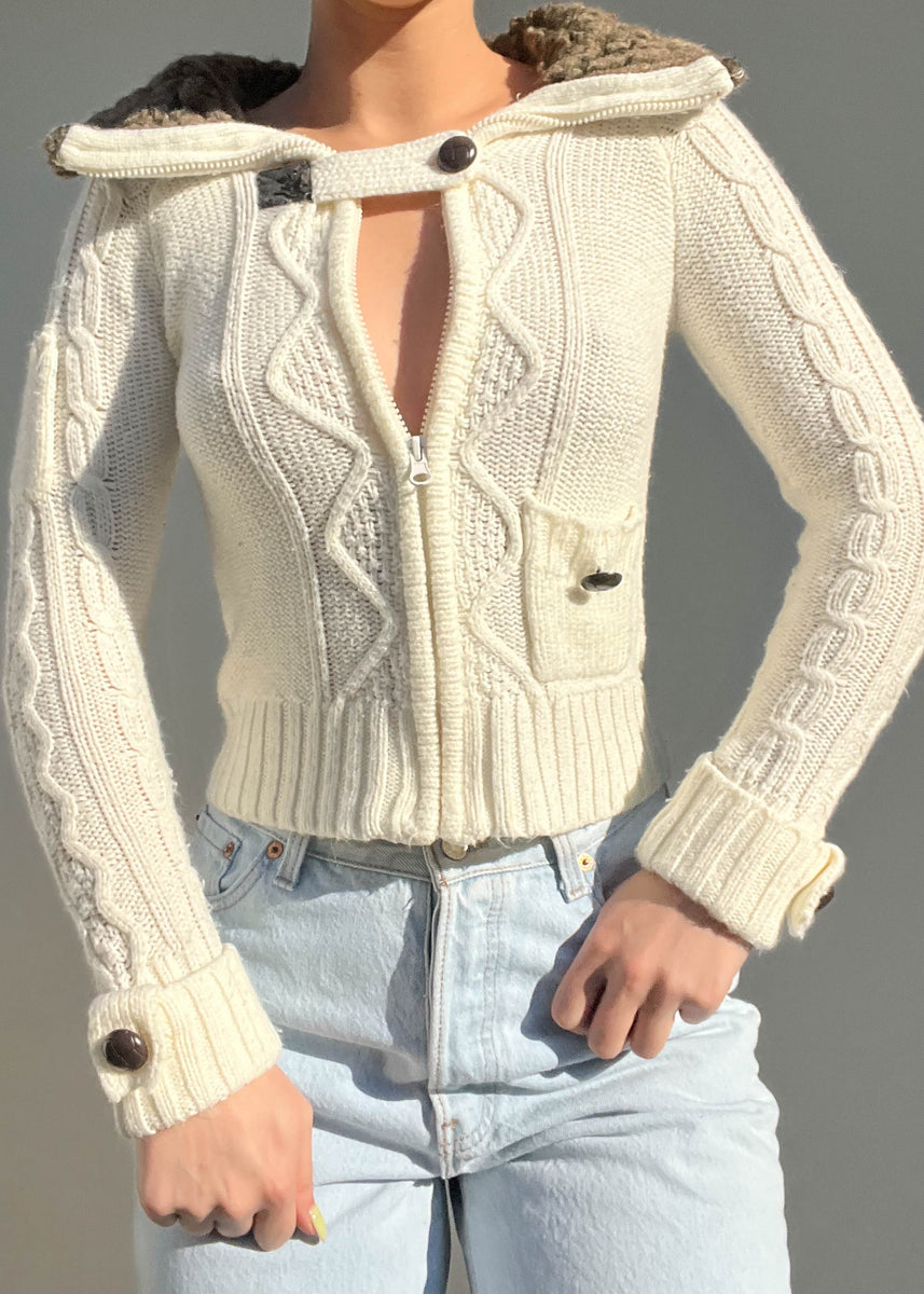 Y2k Cream Cable-Knit Zip Up (S) – Retro and Groovy